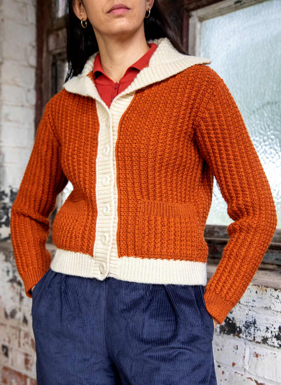 Rust Red & Cream Ribbed Knit Cardigan | 100% British Wool | UK Made