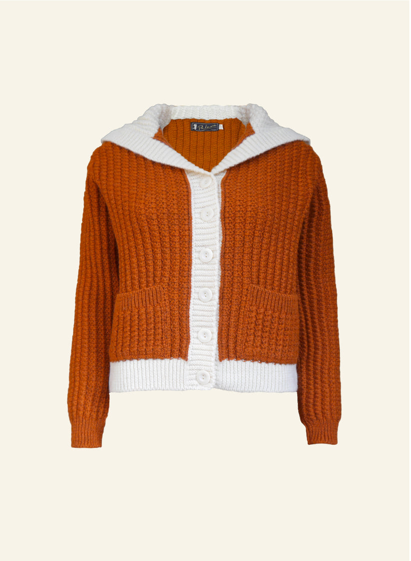Rust Red & Cream Ribbed Knit Cardigan | 100% British Wool | UK Made