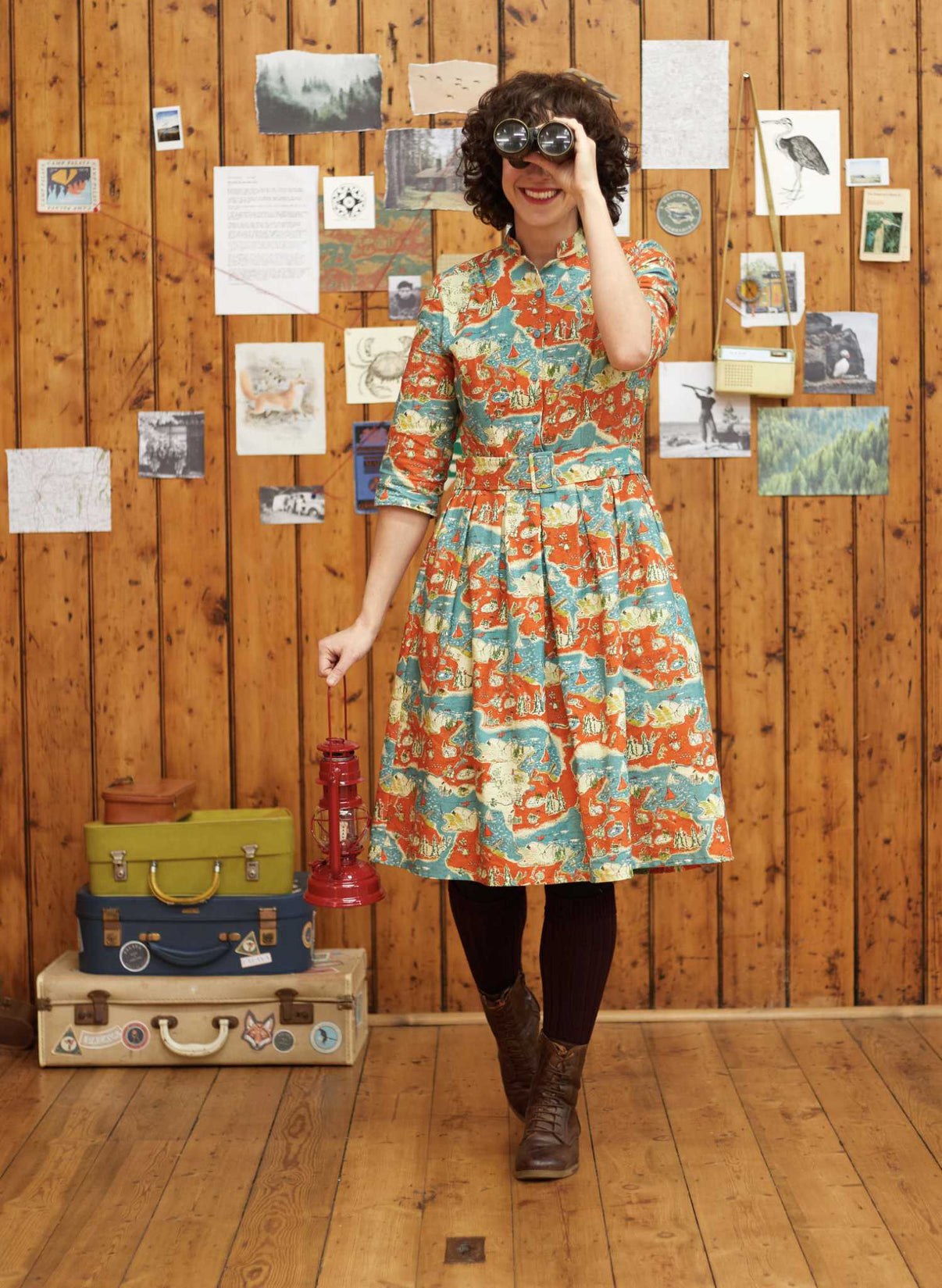 Orange & Blue Midi Dress - Treasure Map Print | Cotton & Linen
