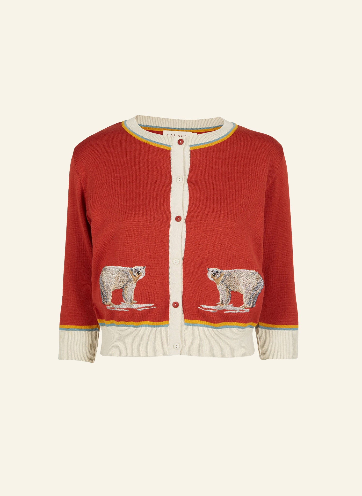 Rust Organic Cotton Knitted Cardigan - Embroidered Polar Bears