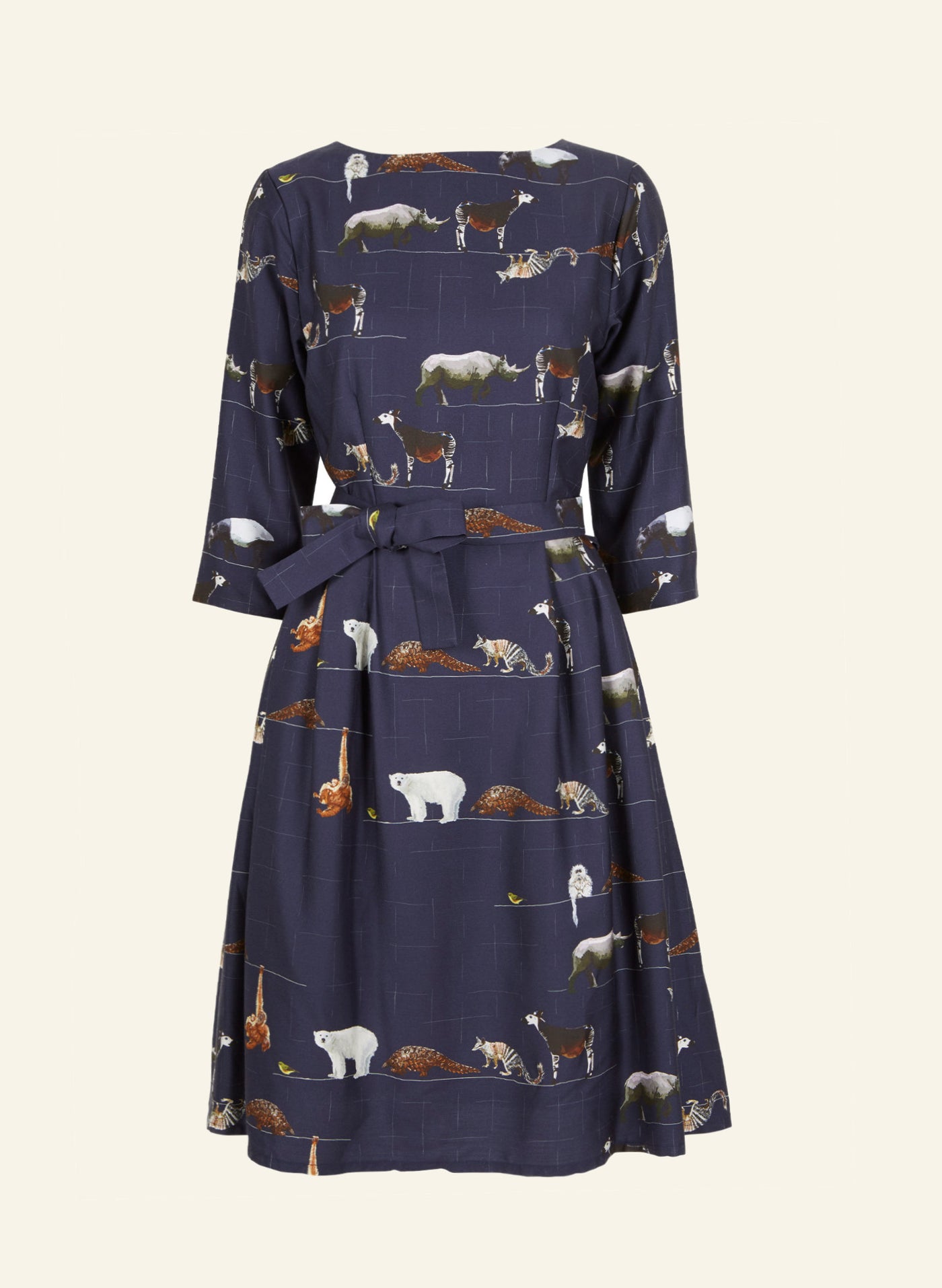 Boat Neck Midi Dress in Navy with Endangered Animals Print