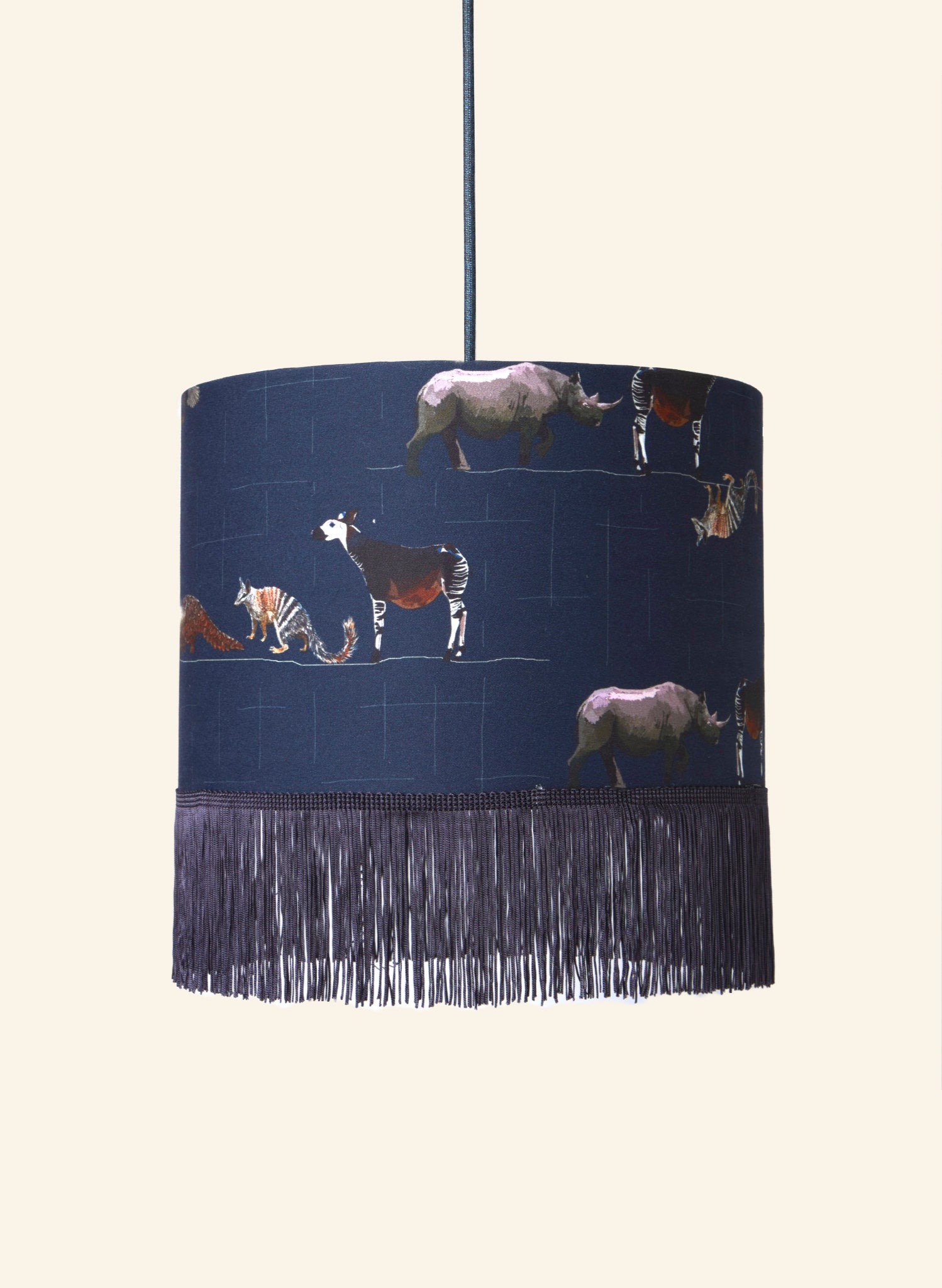 Retro Navy Drum Fringe Lampshade - Endangered Animals | UK